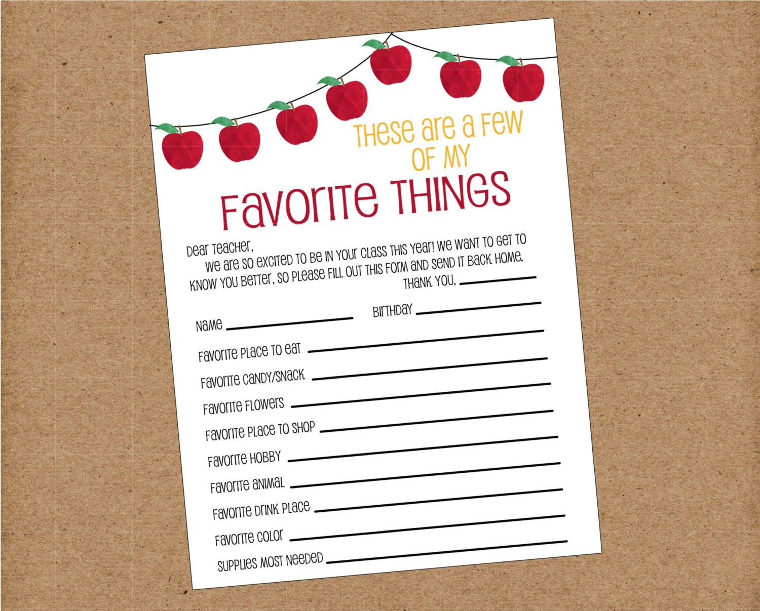 Back To School Teacher Questionnaire. Teacher's Favorite | Etsy