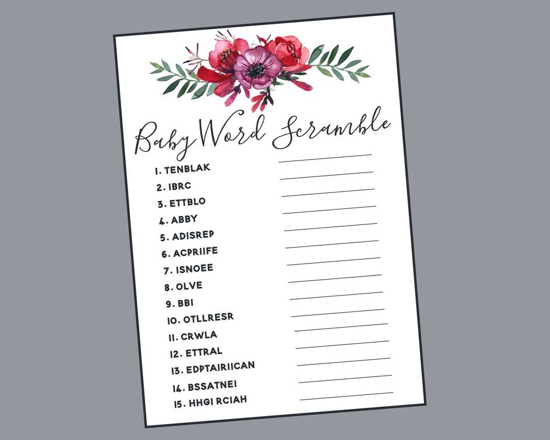 Baby Shower Word Scramble Game. Instant Digital Download. Red & Purple ...