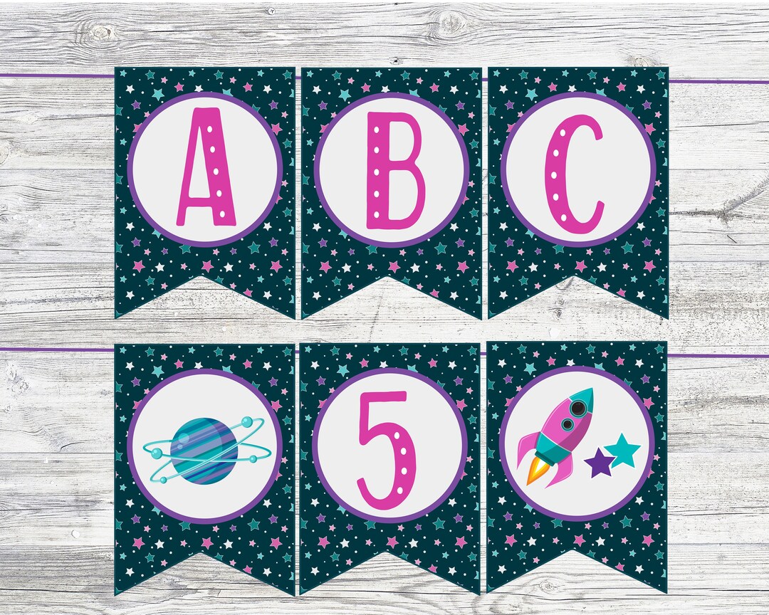 Pink Space Party Banner. Printable Banner Package W/ Full Alphabet ...