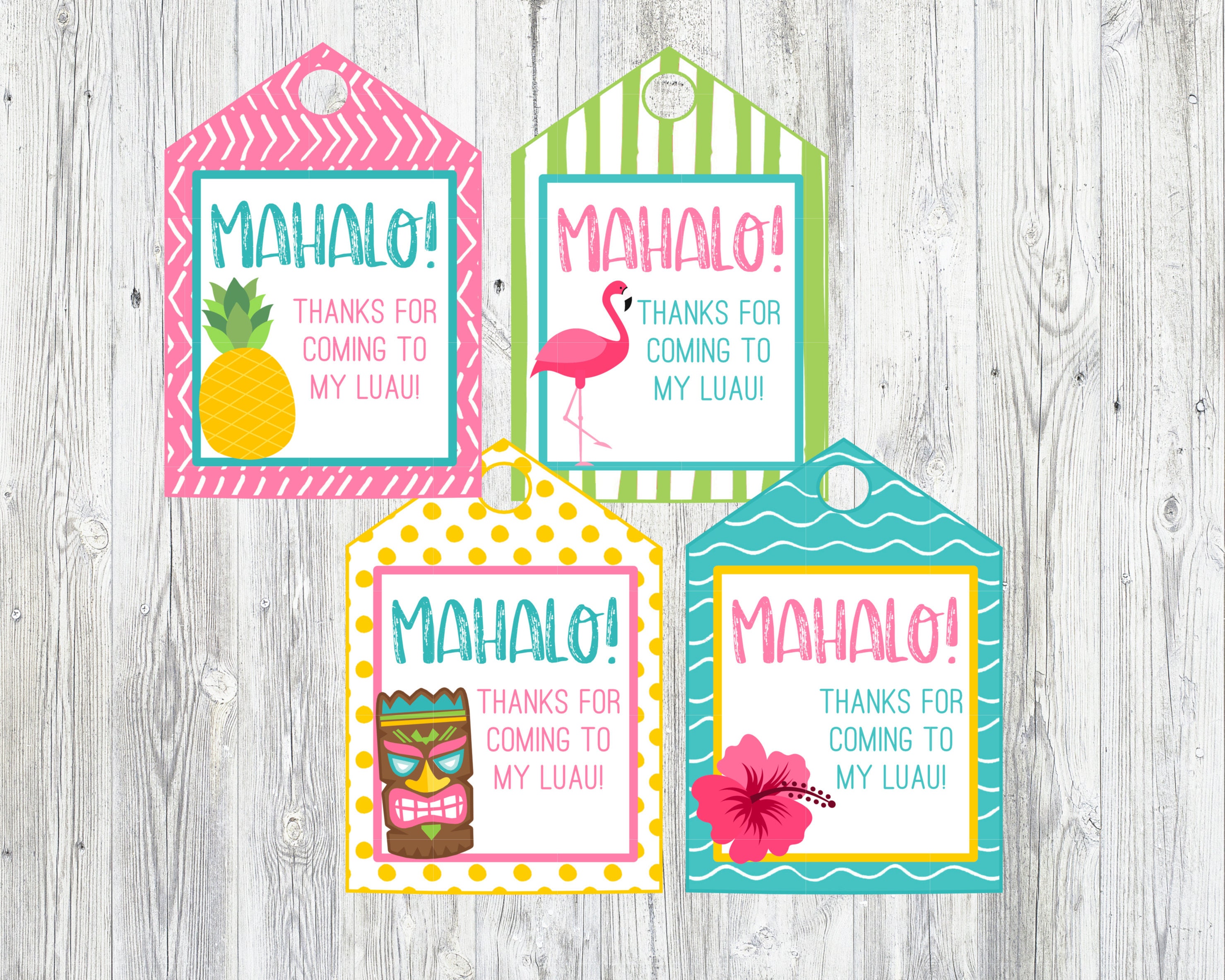 Mahalo Luau Party Favor Tags. Pineapple, Flamingo, Tiki, & Hibiscus ...