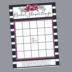 Bridal Shower Bingo Game. Red & Purple Watercolor Flowers, Poppies ...