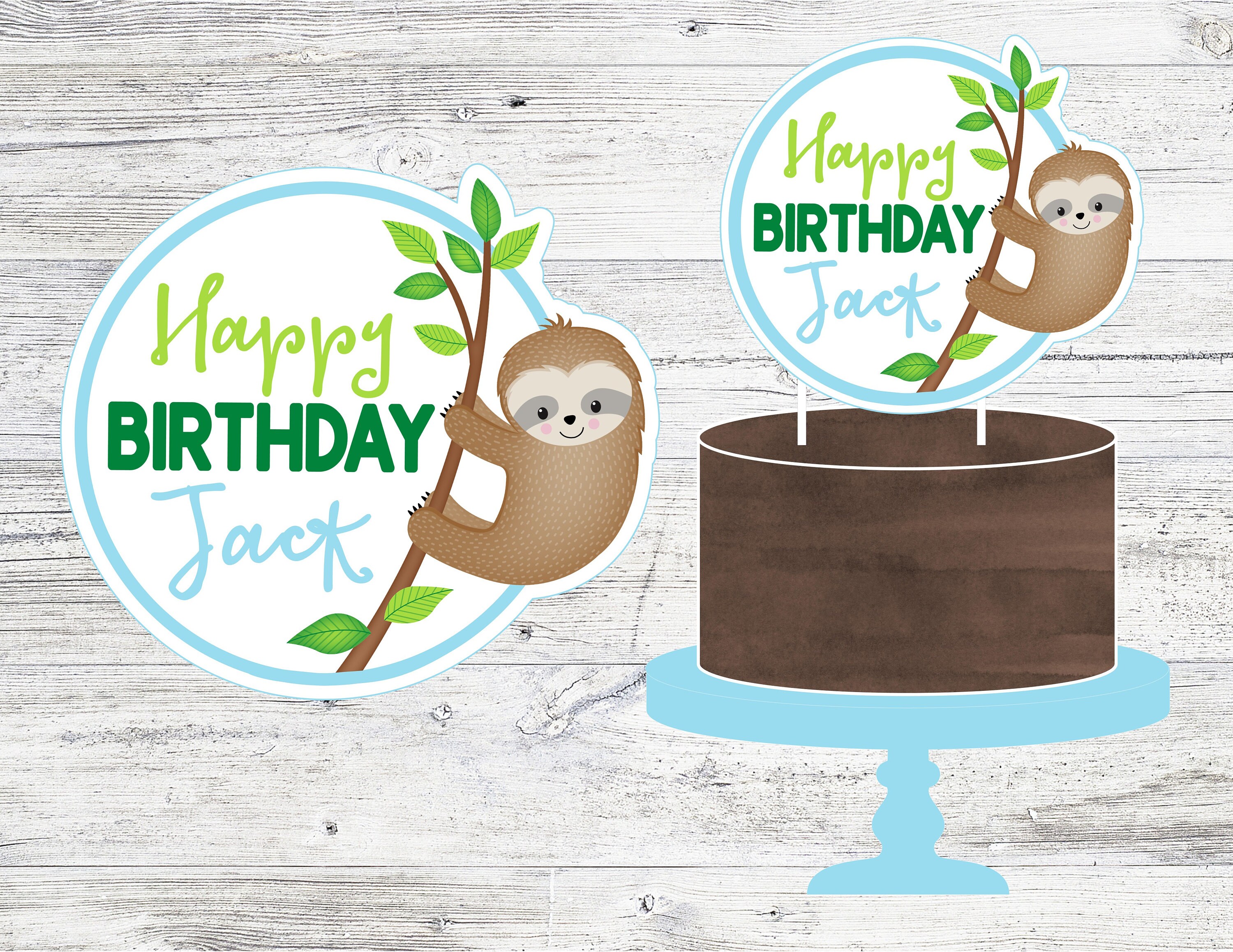 Printable Sloth Cake Topper. Blue Green & Brown Sloth Birthday - Etsy