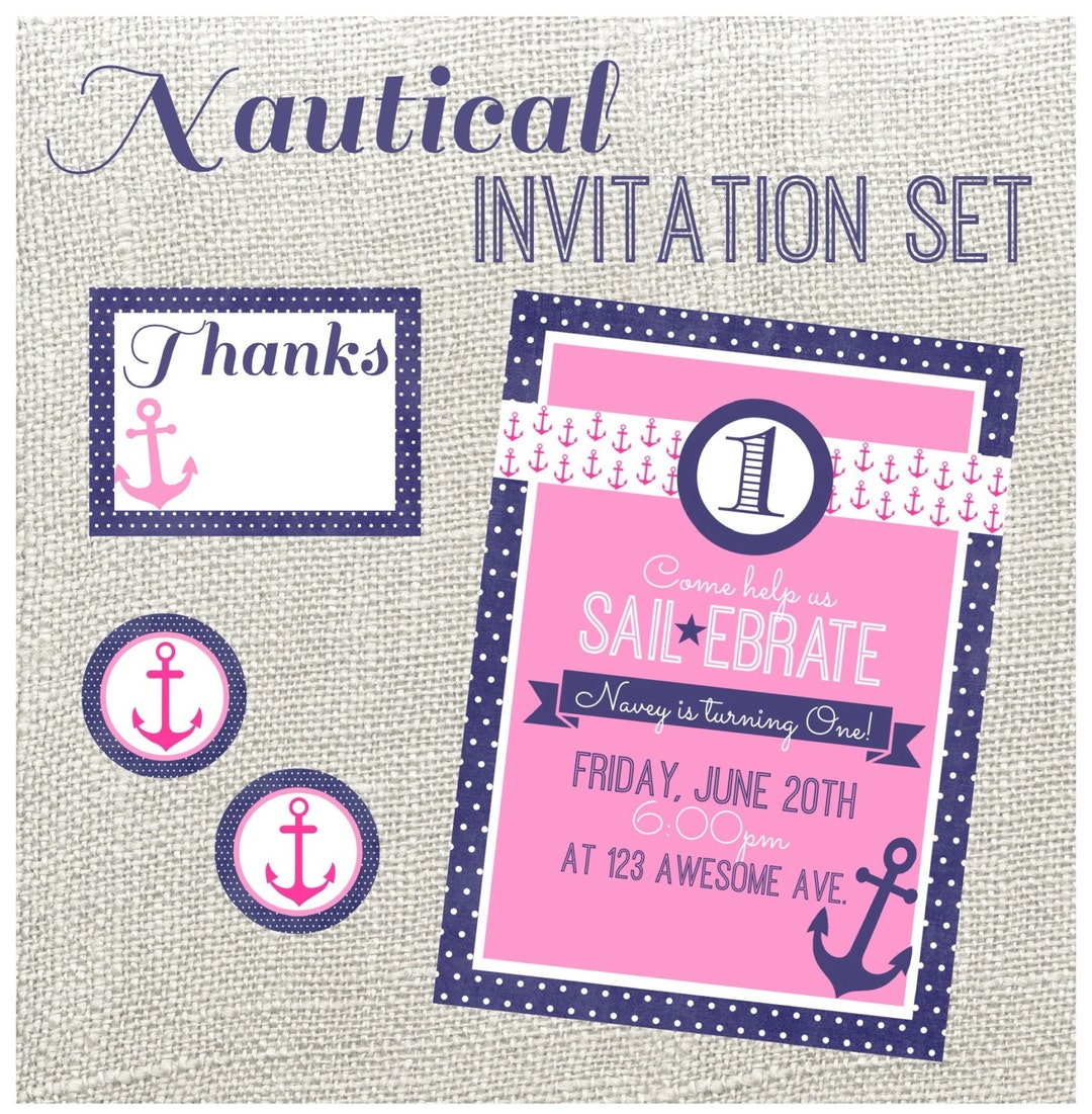 Pink and Navy Nautical Invitation Set. Includes Personalized Invitation ...