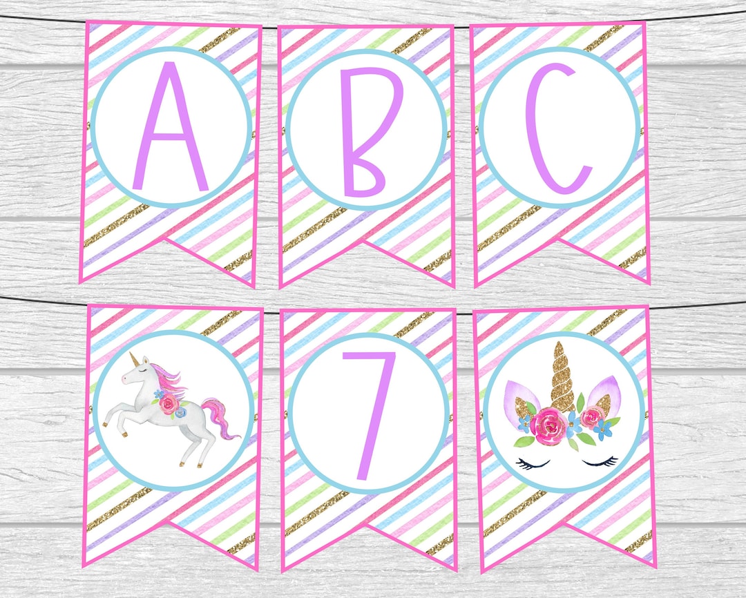 Unicorn Party Banner. Printable Banner Package With Full Alphabet, Ages ...