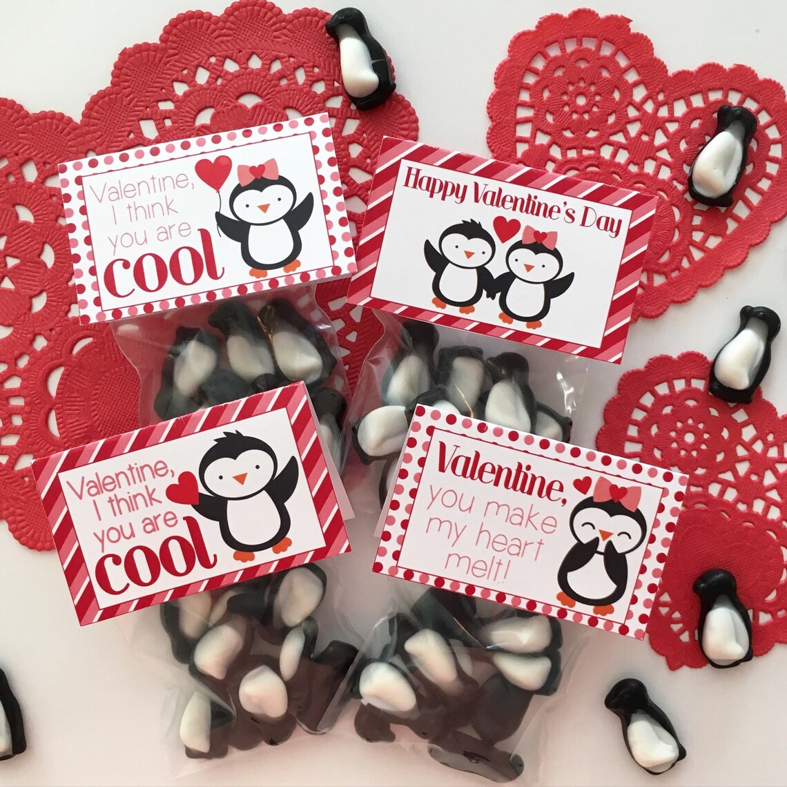 Penguin Valentine's Day Cards Bag Toppers and Hang Tags. | Etsy