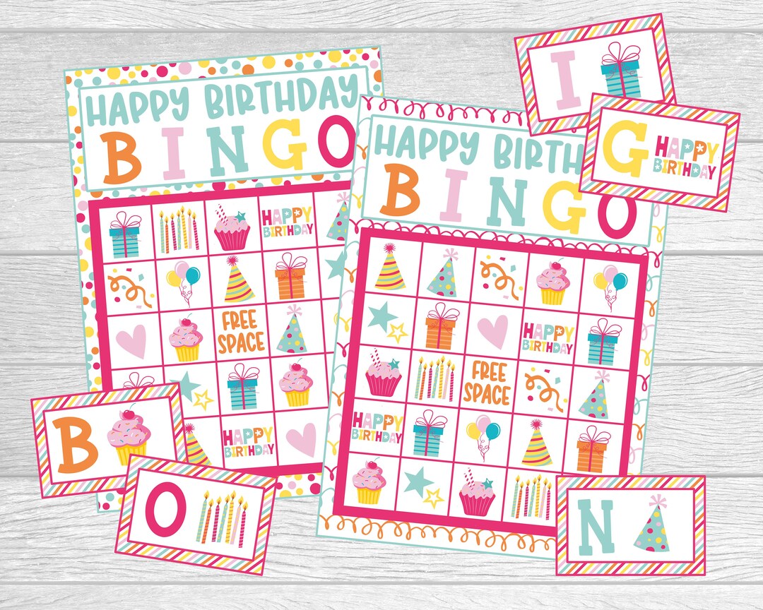 Printable Happy Birthday Bingo Game Set! 12 Card Bingo Set. Bright ...