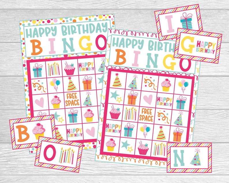 Printable Happy Birthday Bingo Game Set! 12 Card Bingo Set. Bright ...