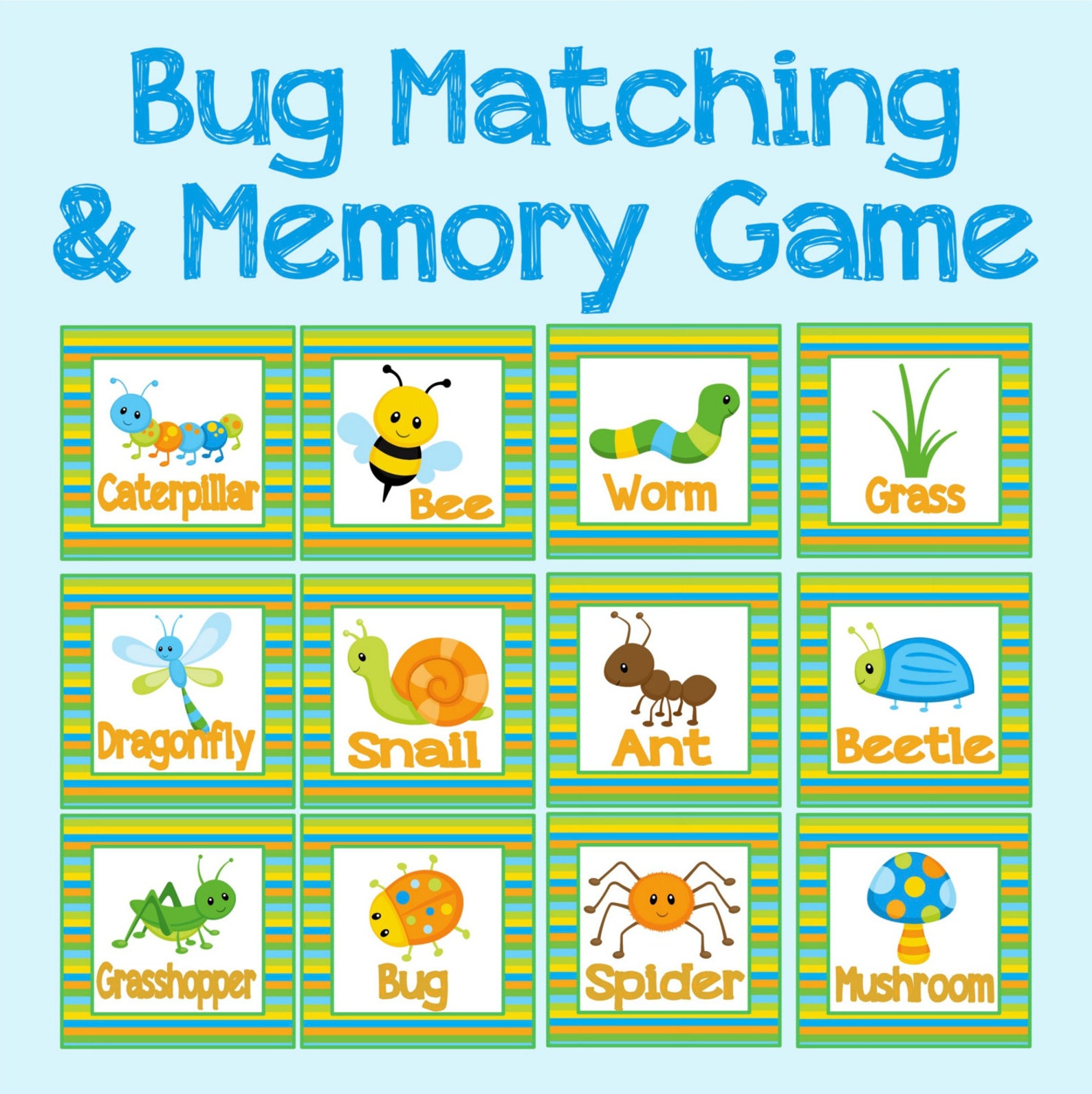 Bug Fun Memory and Matching Game. Instant Digital Download. Flash Card ...
