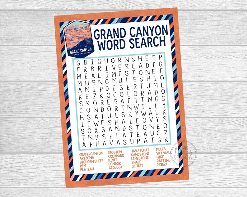 Printable Grand Canyon Word Search. Word Search for Grand Canyon ...