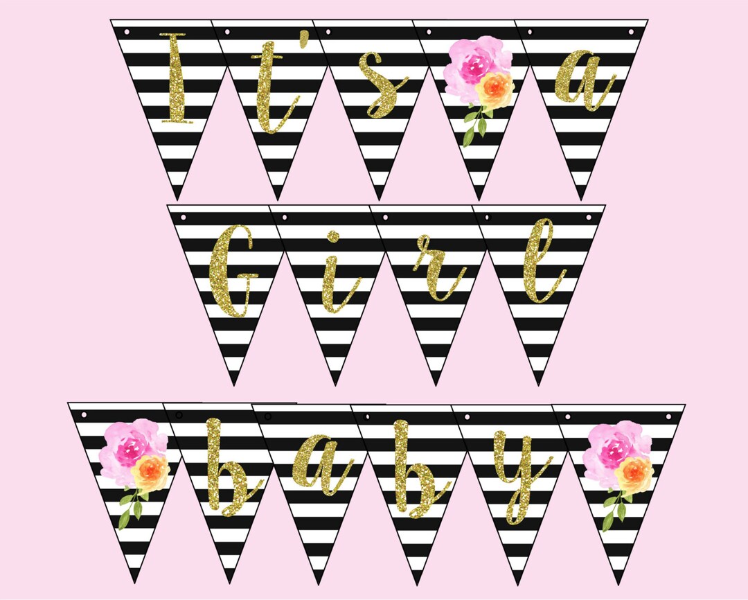 Baby Shower Banner. It's A Girl Banner. Black White Stripe Flower ...