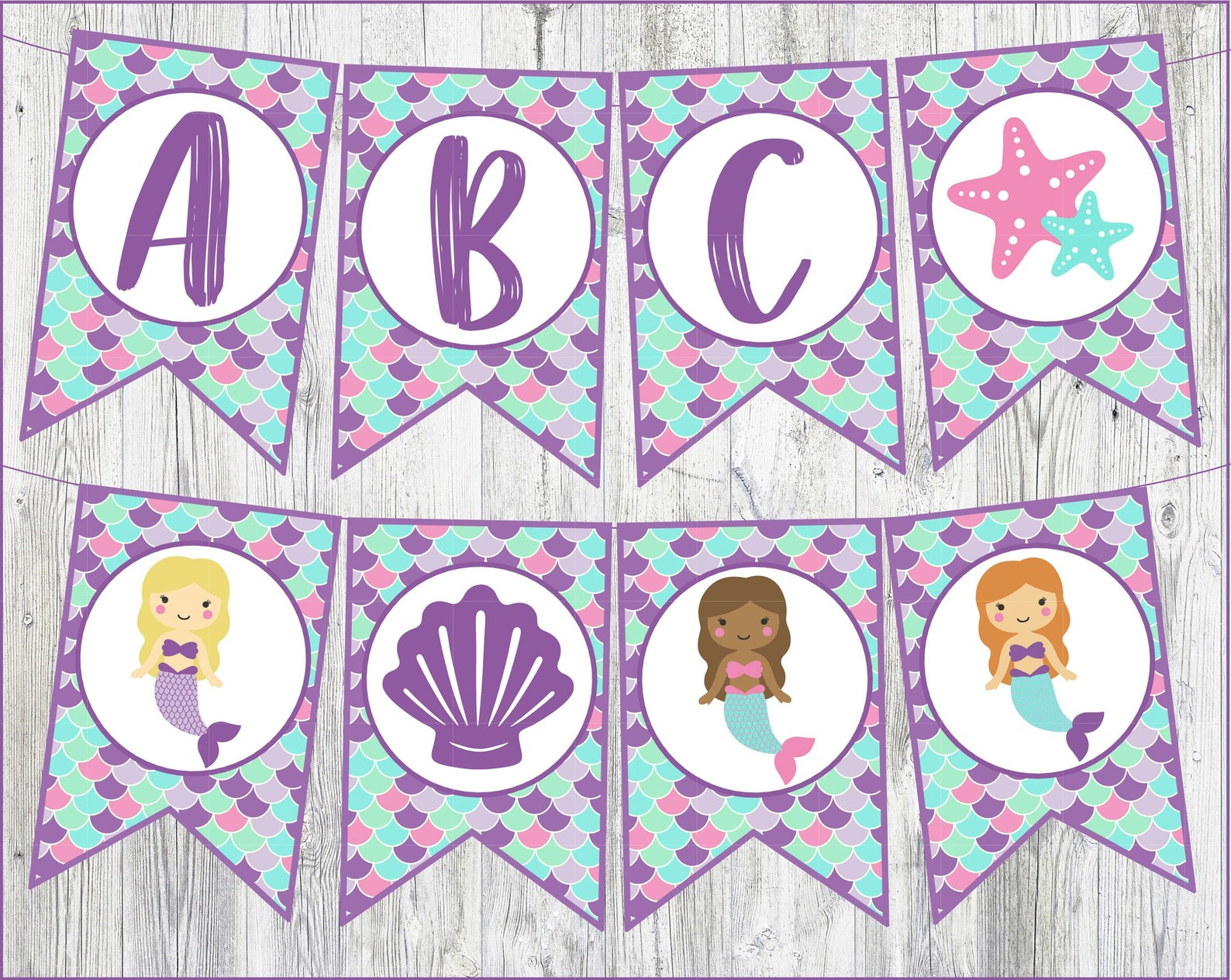 Printable Mermaid Banner With FULL ALPHABET, Happy Birthday, Numbers 0 ...