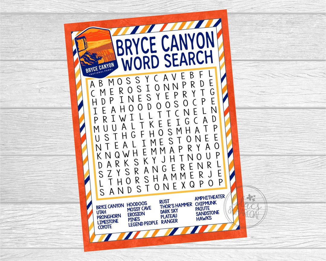 Printable Bryce Canyon NP Word Search. Word Search for Utah National ...