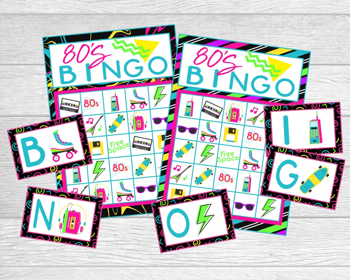 Printable 80's Bingo Game Set! 12 Card Bingo Set. Eighties, Neon, Retro ...