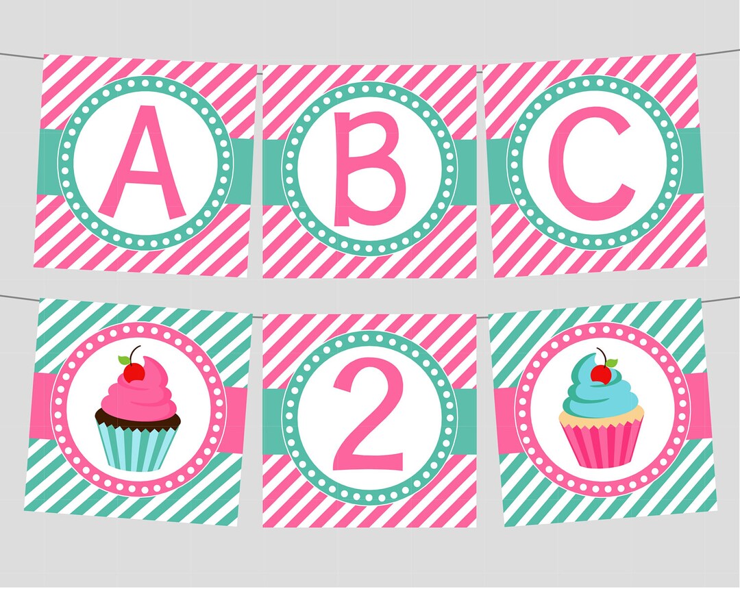 Full Alphabet Banner for Cupcake Birthday Party Pink & Teal Cupcake ...