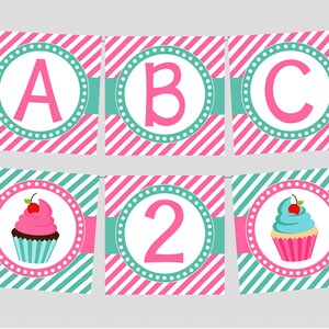 Full Alphabet Banner for Cupcake Birthday Party Pink & Teal Cupcake ...