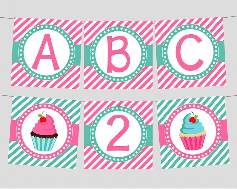 Full Alphabet Banner for Cupcake Birthday Party Pink & Teal | Etsy