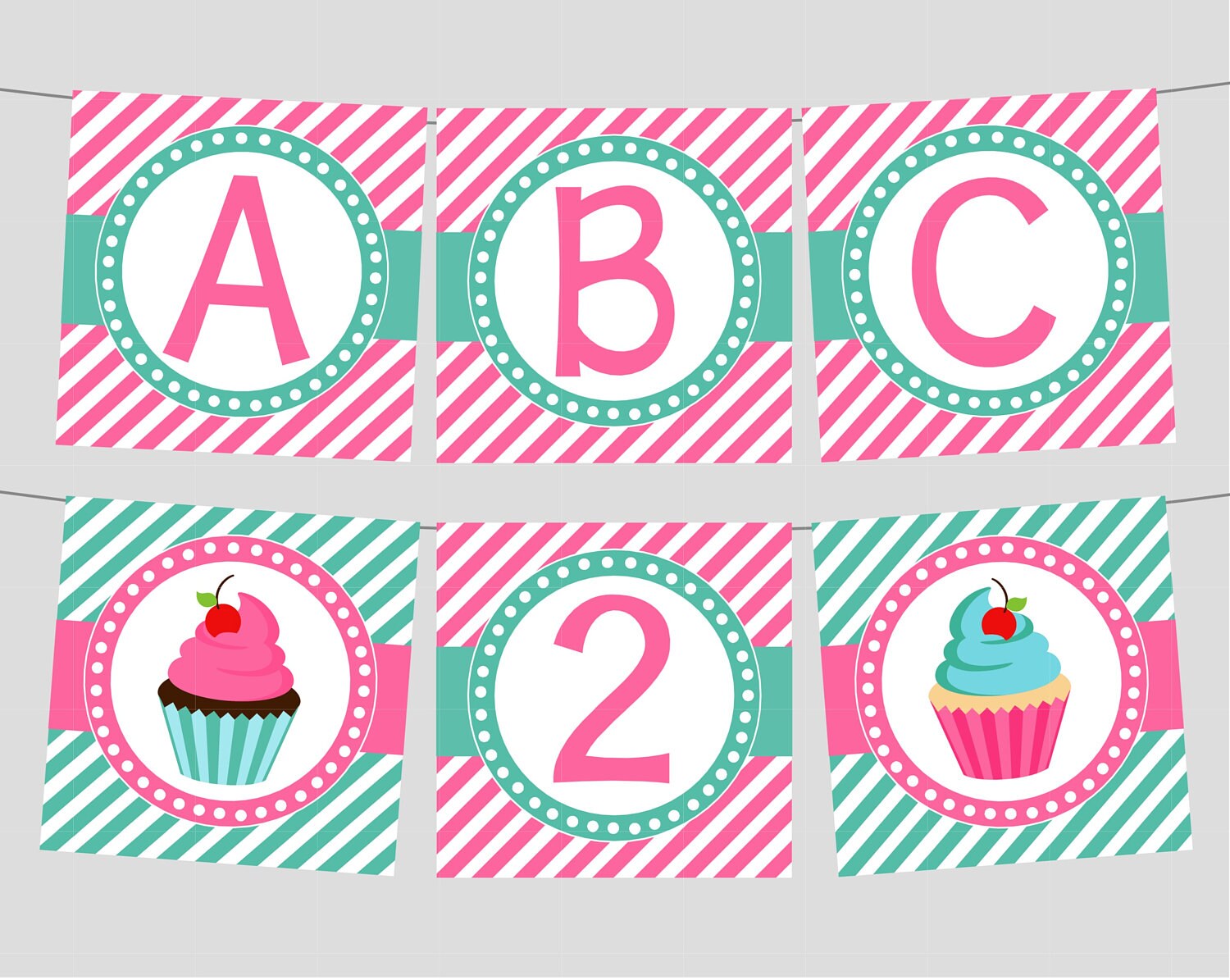 Full Alphabet Banner for Cupcake Birthday Party Pink & Teal | Etsy