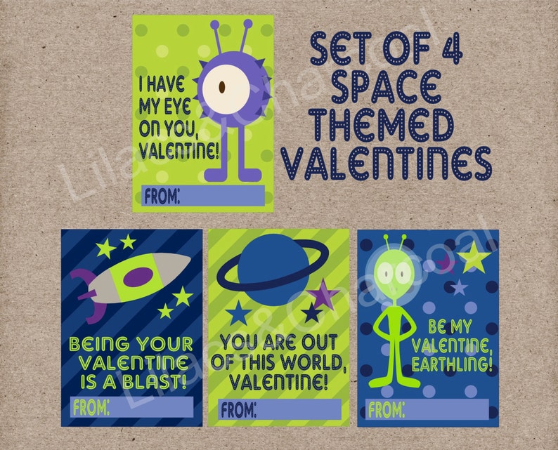 Space & Alien Valentine Cards. Set of 4 Instant Digital - Etsy