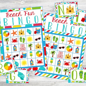 Printable Beach Fun Bingo Game Set. 12 Card Set With Calling Cards ...