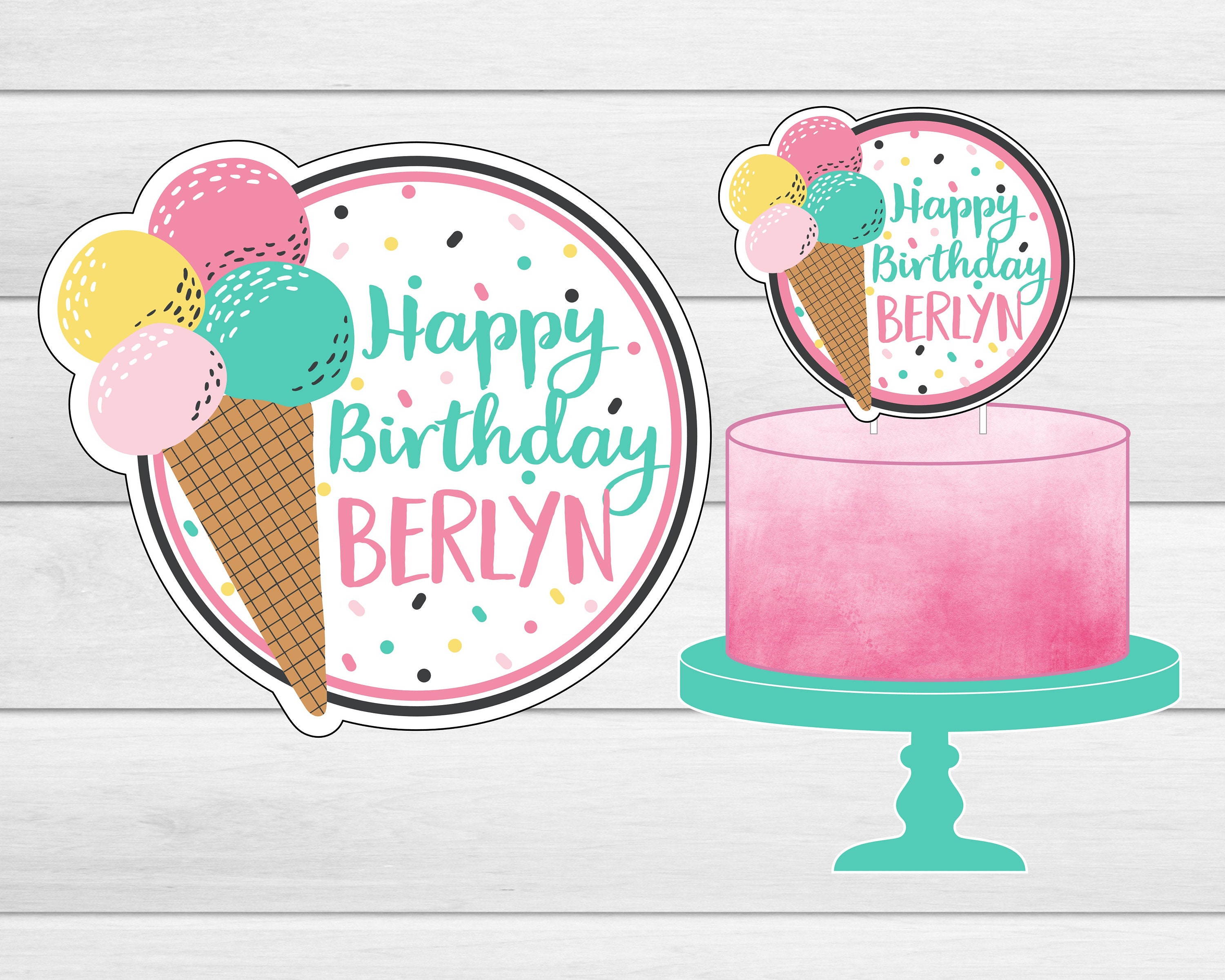 Printable Ice Cream Party Cake Topper Personalized Cake Etsy
