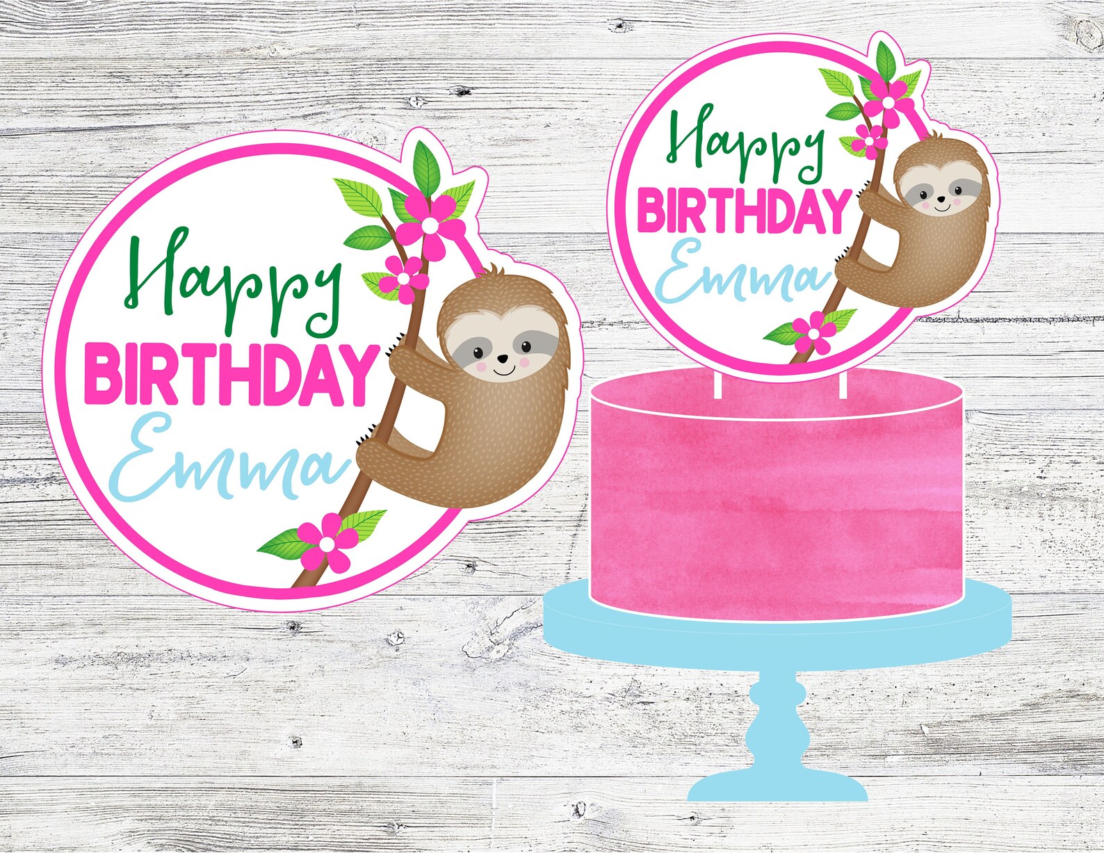 Printable Sloth Cake Topper. Pink, Girl, Flower Sloth Cake Topper ...