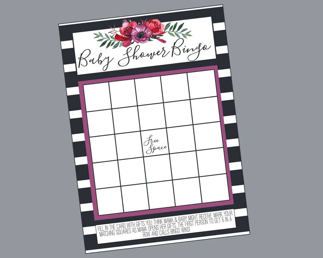 Baby Shower Bingo. Red & Purple Watercolor Flowers, Poppies. Instant ...