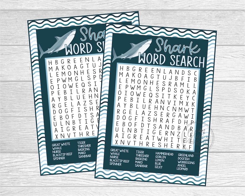 Printable Shark Word Search Game: Under the Sea Birthday Party (digital ...