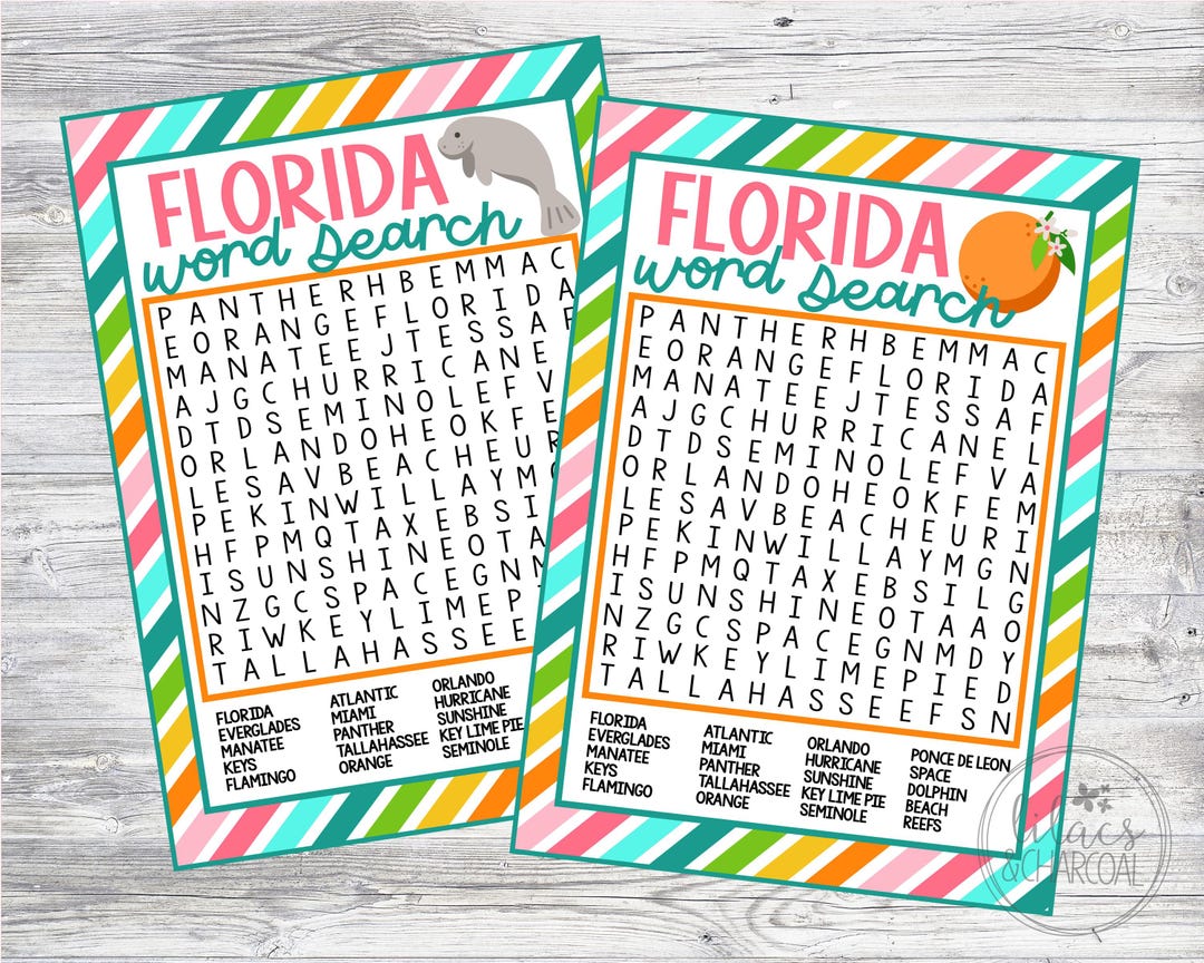 Printable Florida Word Search. Word Search for Florida US States Travel ...