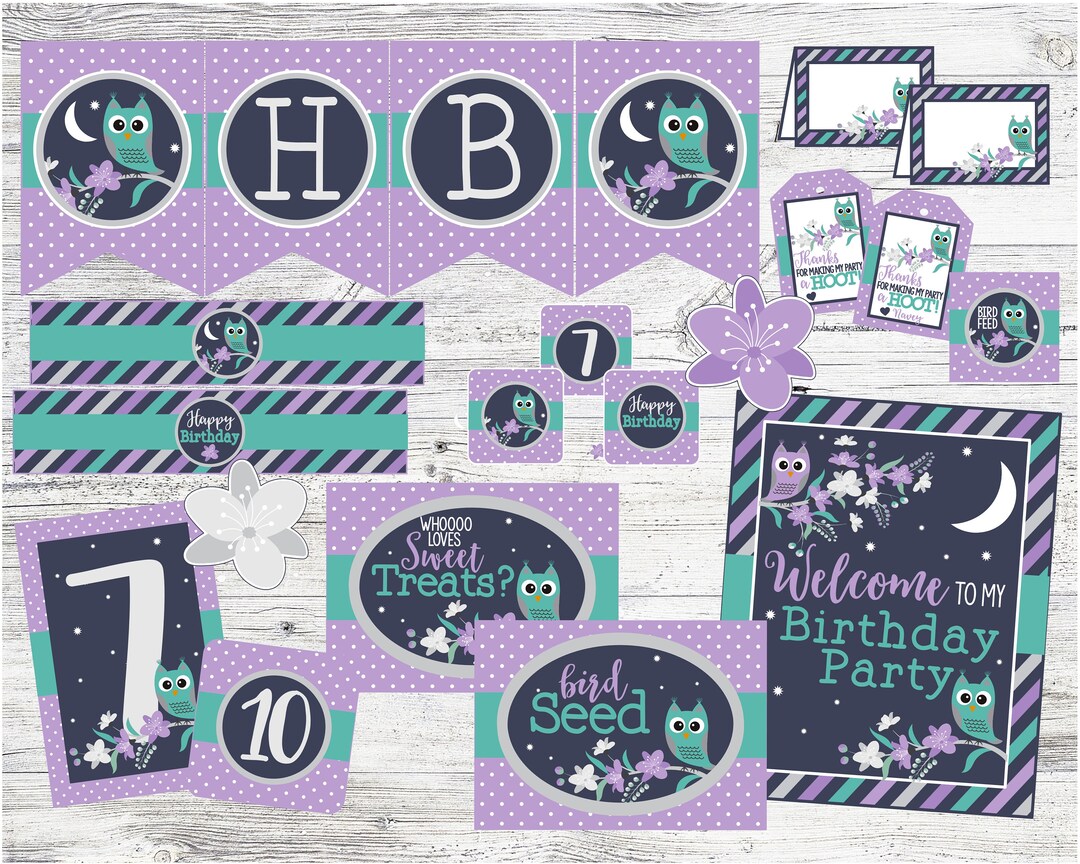 Night Owl Party Printable Decoration Package. Owl Birthday Party Decor ...
