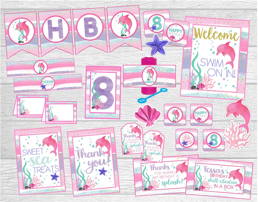 Dolphin Party Printable Decoration Package. Pink Dolphin Birthday Party ...