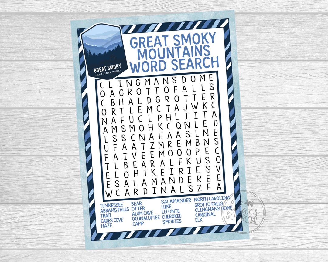 Printable Great Smoky Mountains Word Search. Word Search for National ...