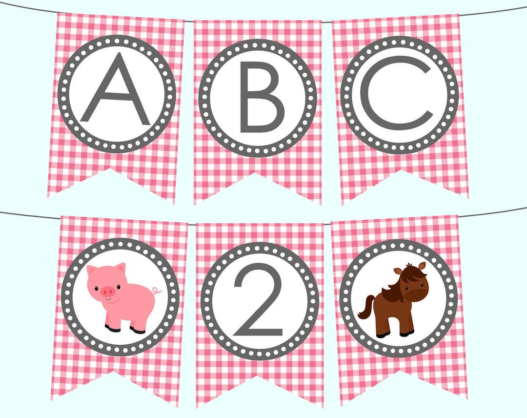 Pink Farm Party Banner. Full Alphabet Plus Farm Animals & Number 1-5 ...
