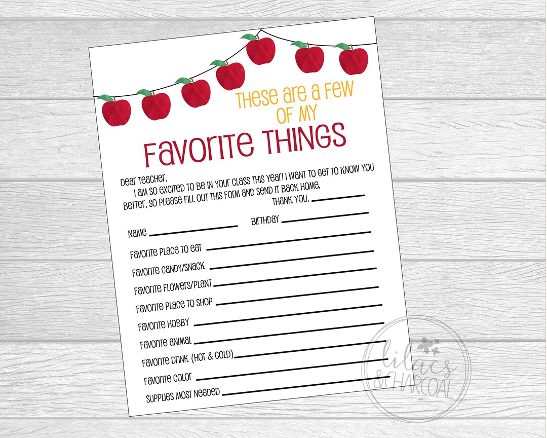 Back to School Teacher Questionnaire. Teacher's Favorite Things ...