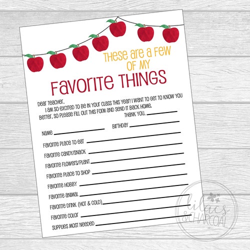 Teacher Favorite Things Survey Printable Instant Download - Etsy