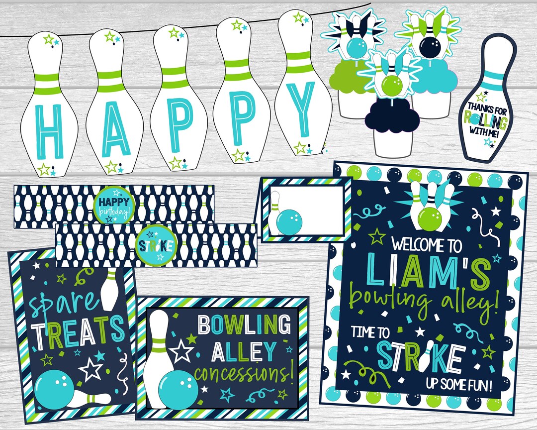 Printable Bowling Birthday Party Decoration Package. Blue & Green ...