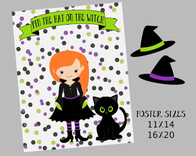 Pin the Hat on the Witch. Halloween Party Game. Poster Sizes | Etsy