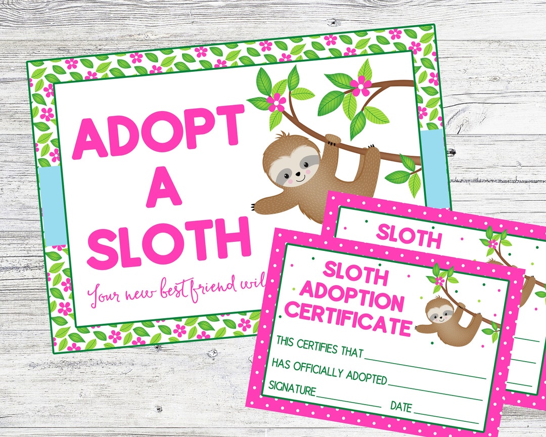 Adopt A Sloth Sign & Certificate Set. Instant Digital Download ...