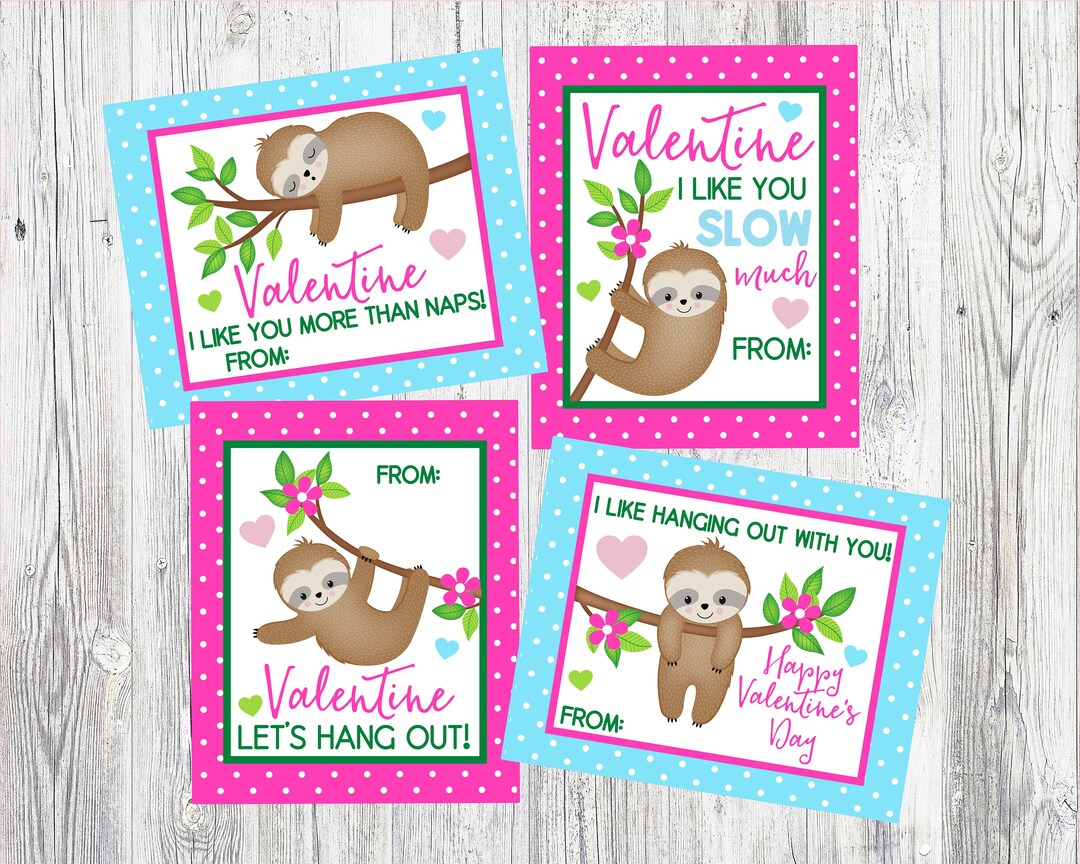 Printable Sloth Valentine Cards. Set of 4 Sloth Valentines. Instant ...