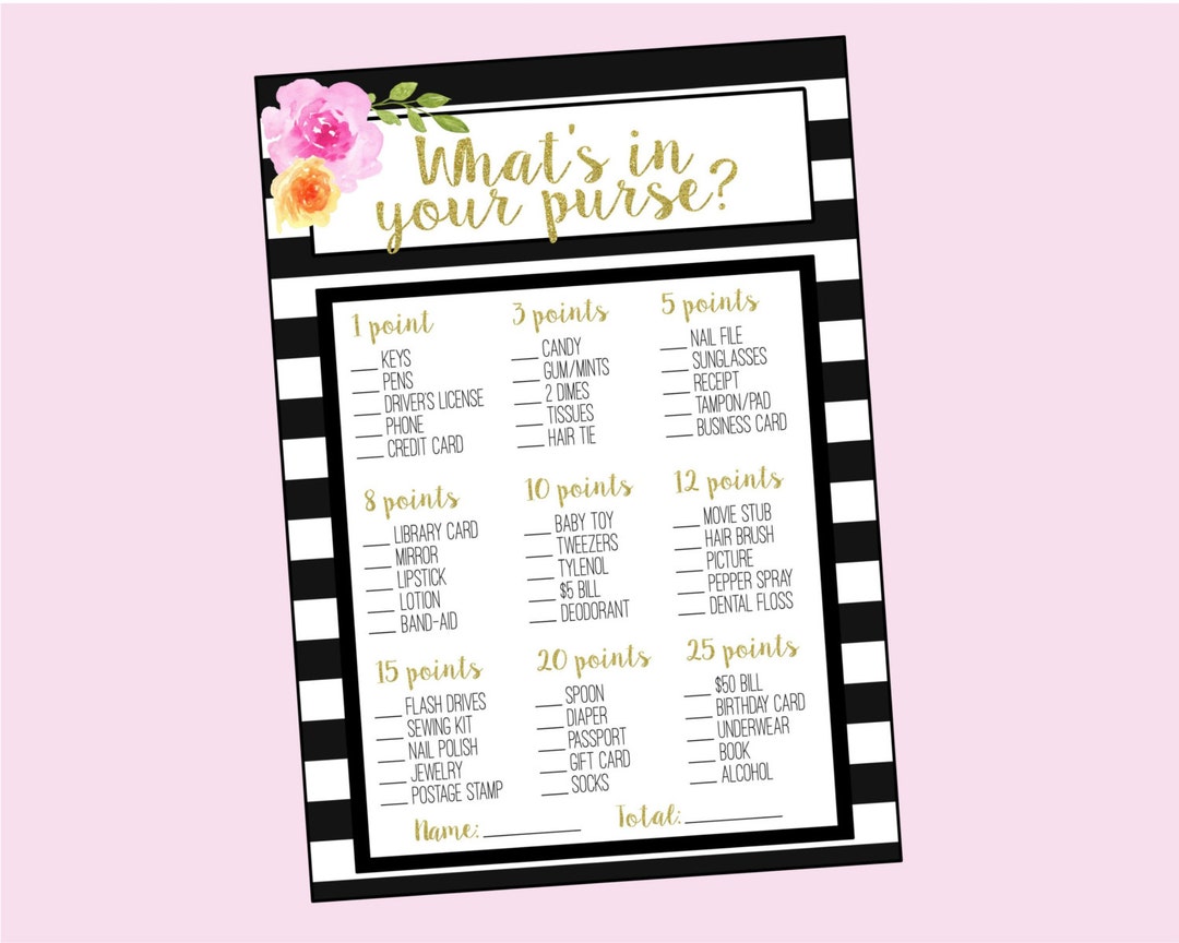 What's in Your Purse Baby Shower Game. Bridal Shower Game. Instant ...