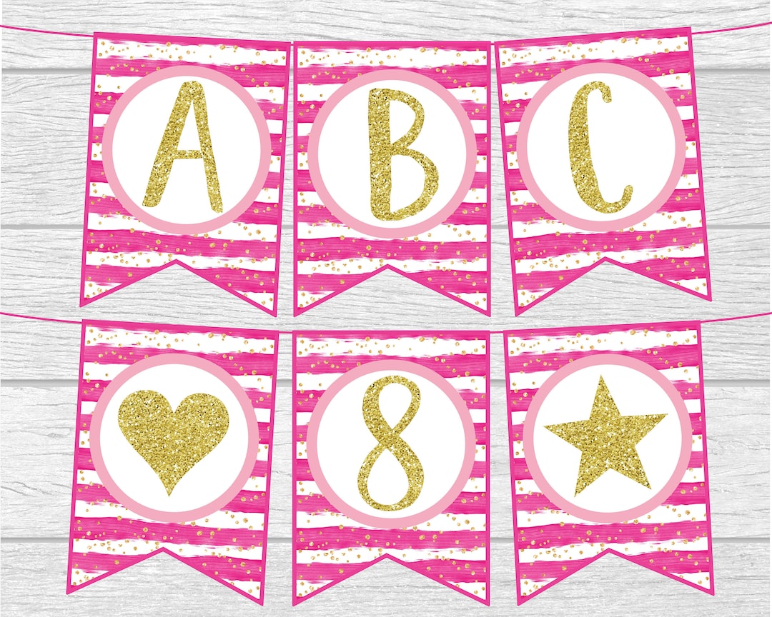Printable Pink & Gold Glitter Banner. Incl Full Alphabet, Happy ...