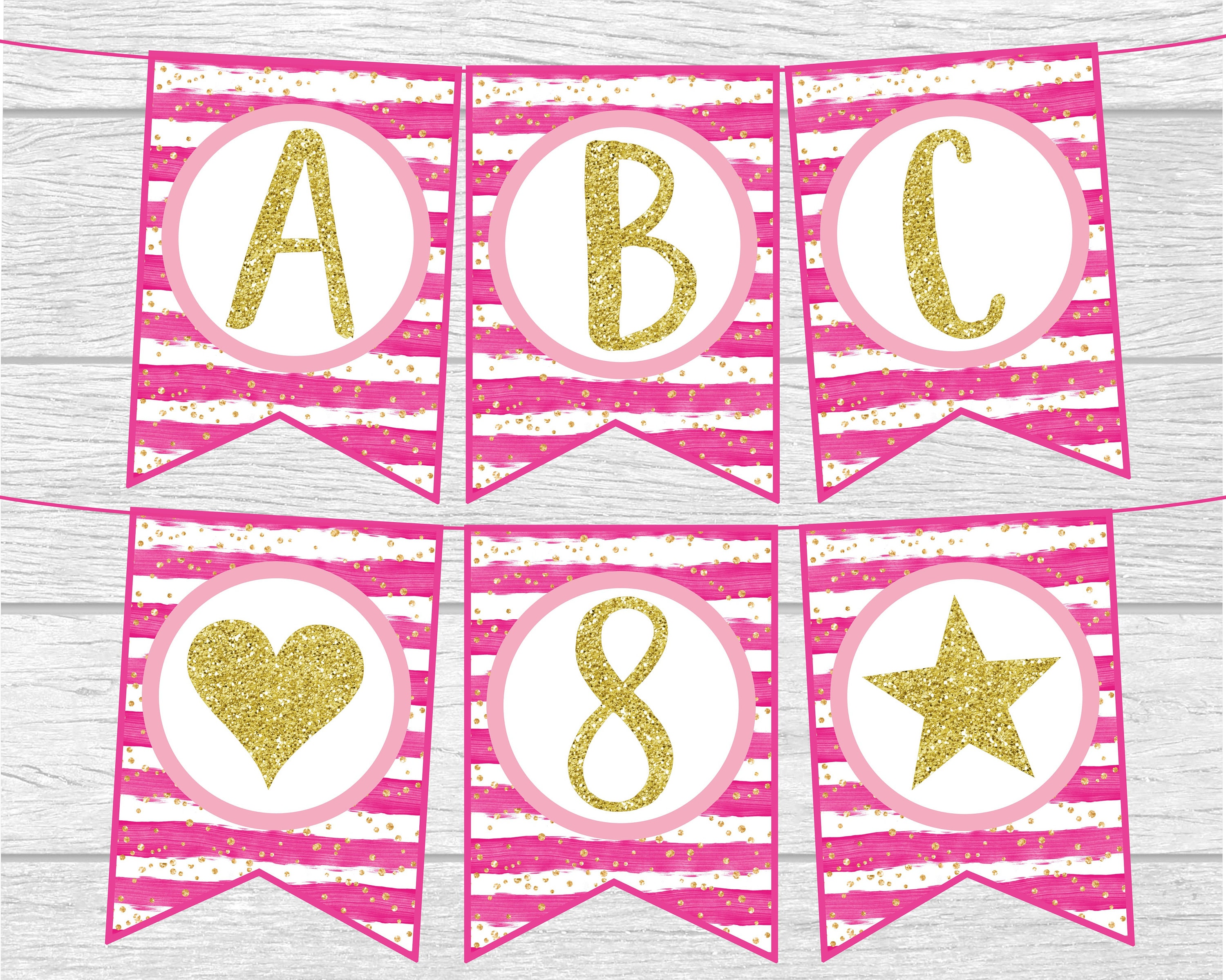 Printable Pink & Gold Glitter Banner. Incl Full Alphabet - Etsy