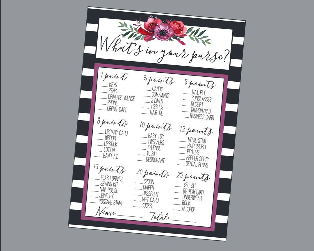 What's in Your Purse Game for Baby Shower or Bridal Shower. Instant ...