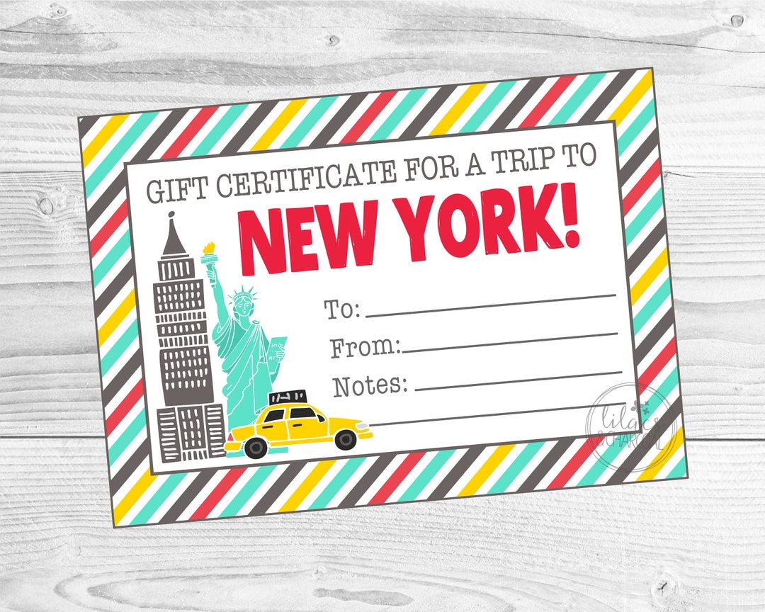Printable Gift Certificate for A Trip to New York City. Vacation Gift ...