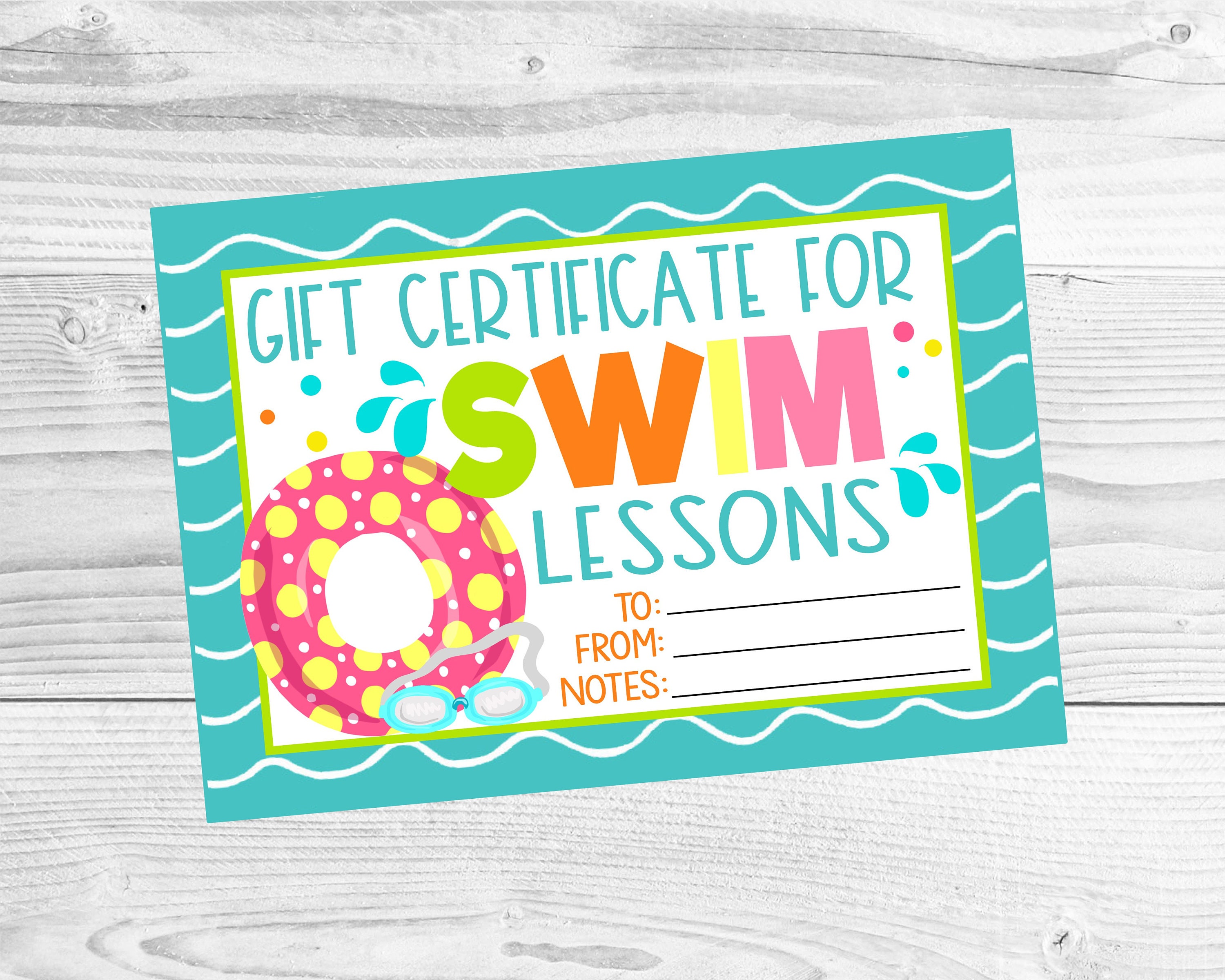 Printable Gift Certificate for Swim Lessons. Instant Digital Download ...