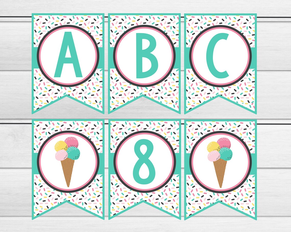 Printable Ice Cream Birthday Banner. Incl. Full Alphabet - Etsy
