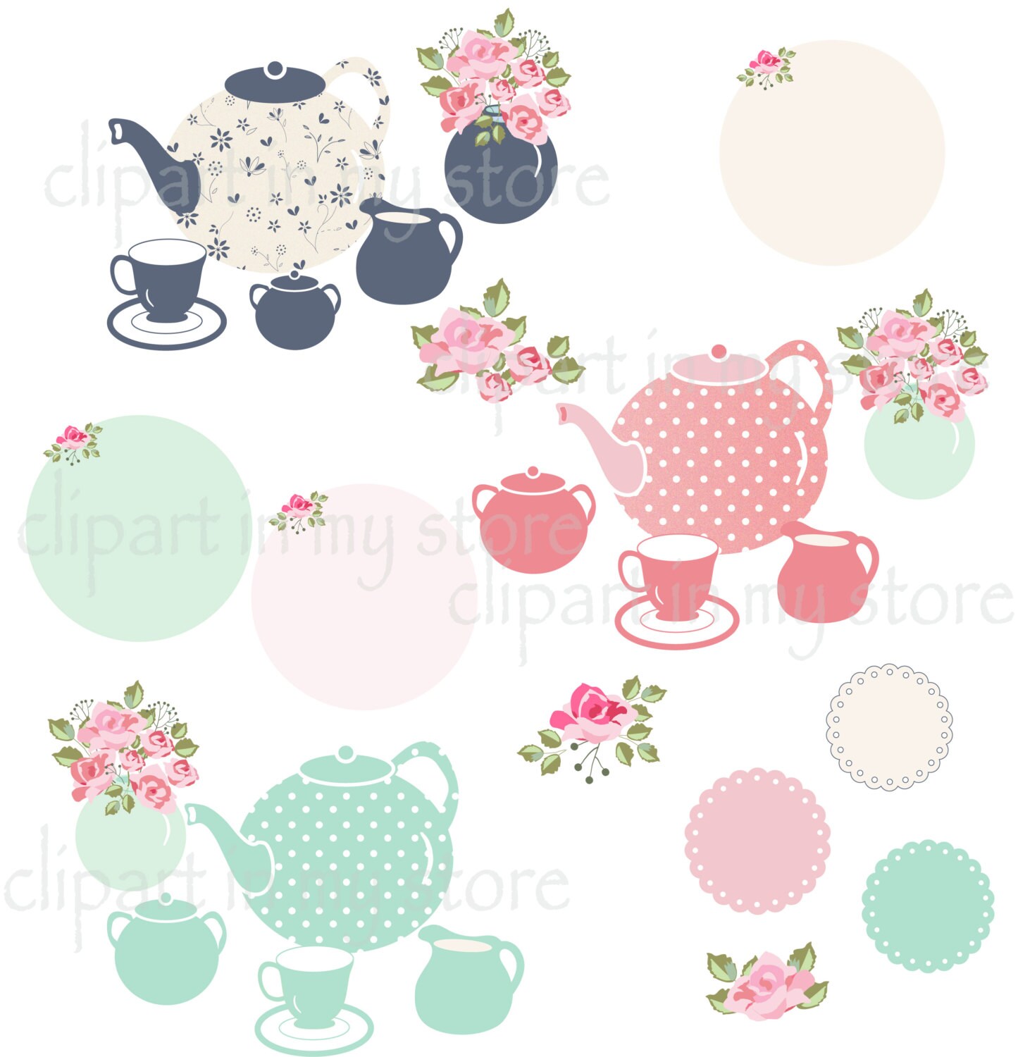 Tea Time Clipart, Teapot, Cup of Tea, Sugar Bowl, Bouquet Digital ...