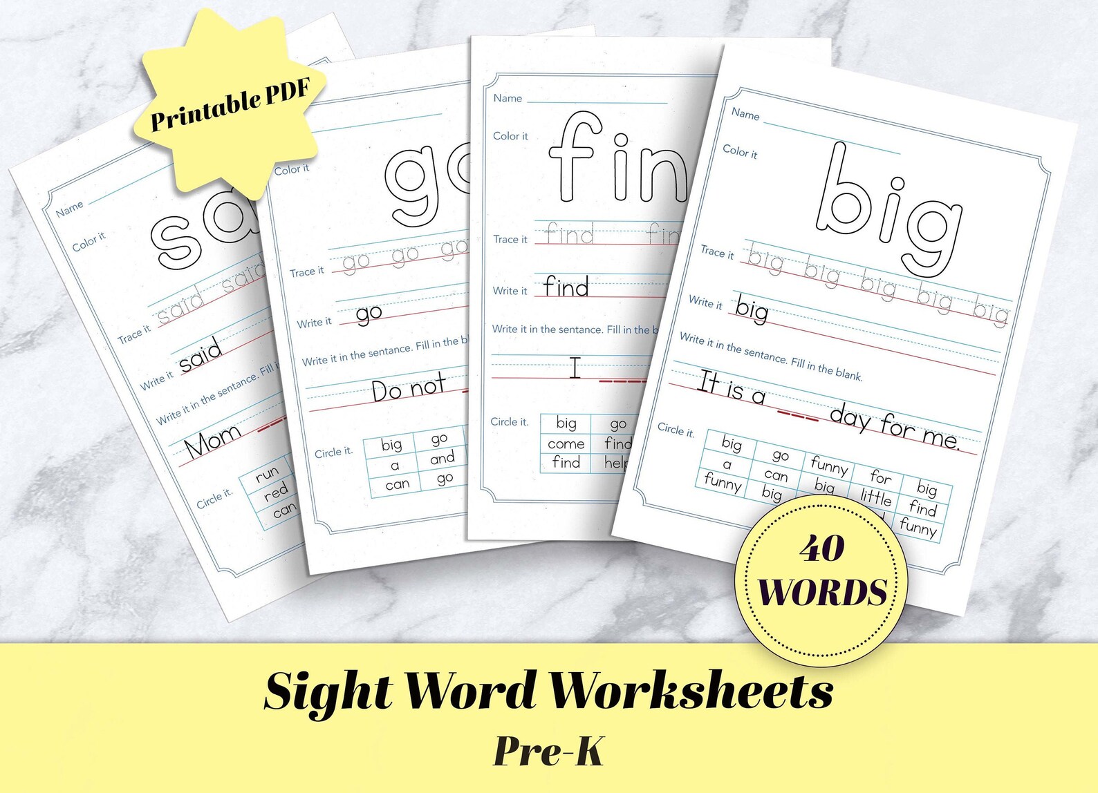 Sight Word Worksheets Printable Sight Word Practice Learn Etsy UK