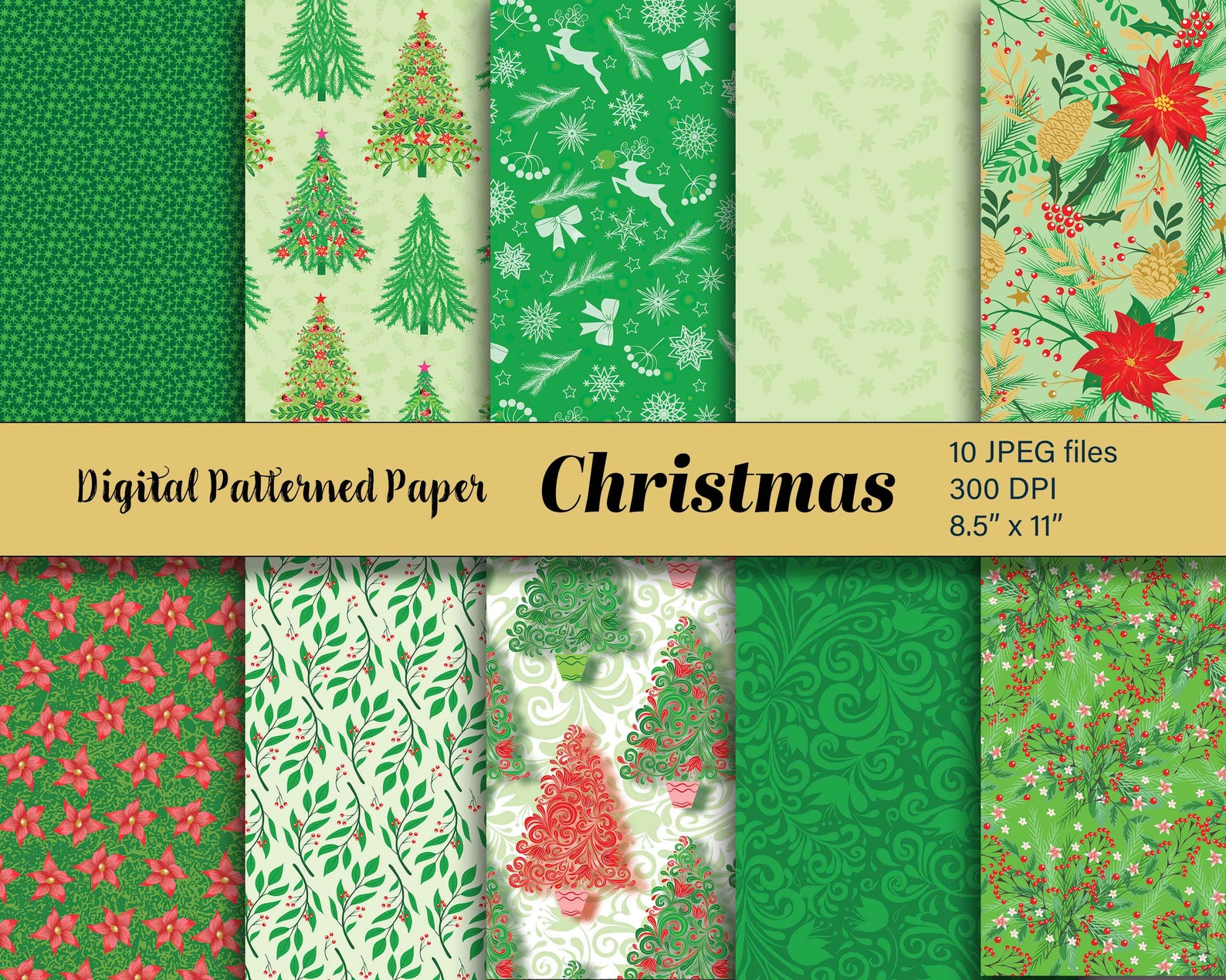 Christmas Digital Paper Green, Printable Paper Pack, Winter Digital ...