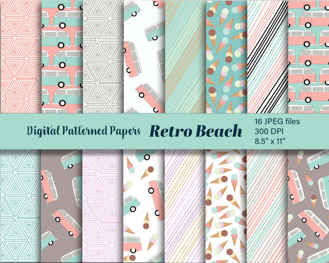 Retro Beach Digital Paper Pack: 16 Unique Designs (8.5x11 In) (digital ...