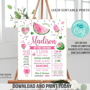 Editable Watermelon Birthday Chalkboard Watermelon Birthday, First ...